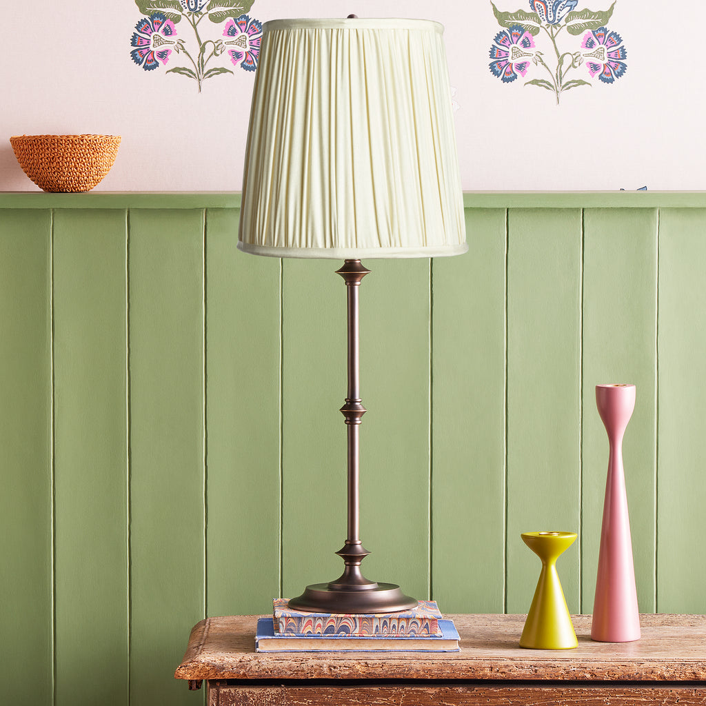 10 inch tall tapered shade in pleated stone taj silk