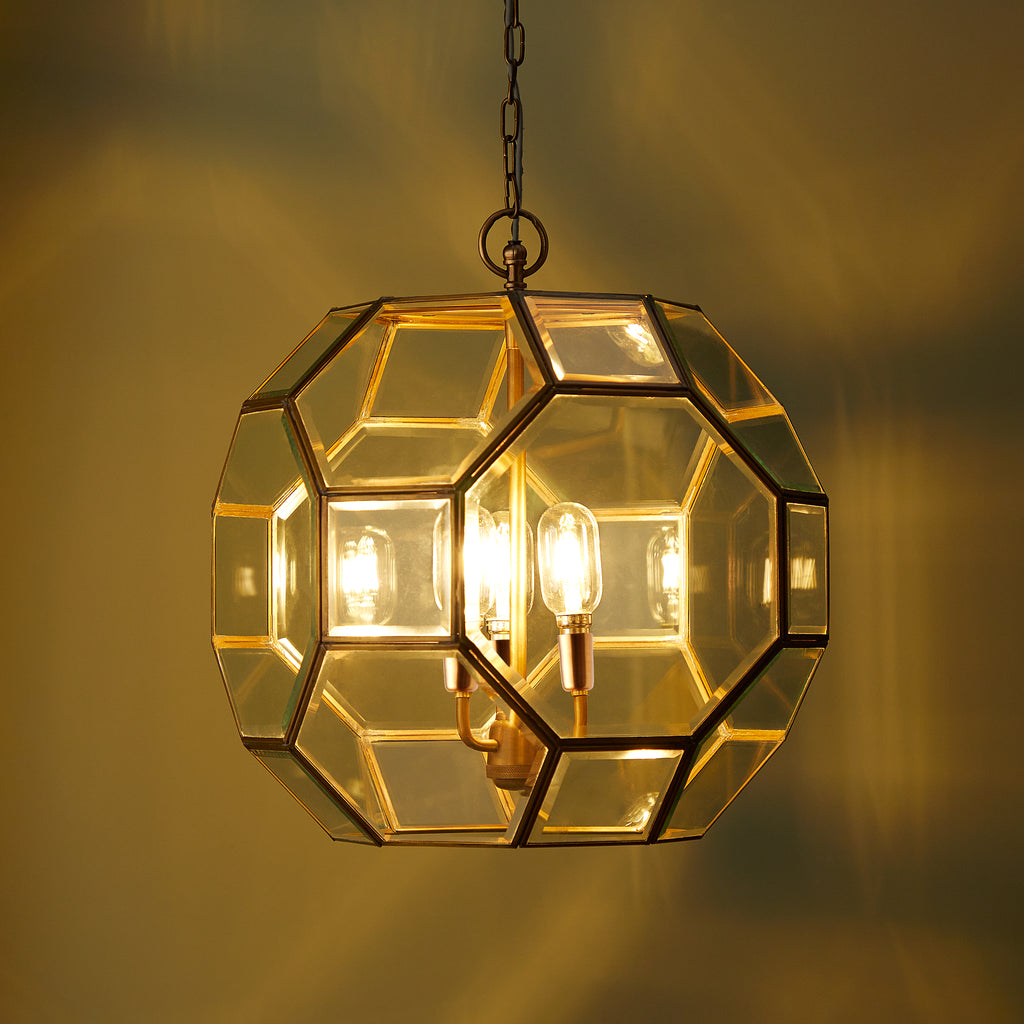 Ballina pendant light in antiqued brass and bevelled glass