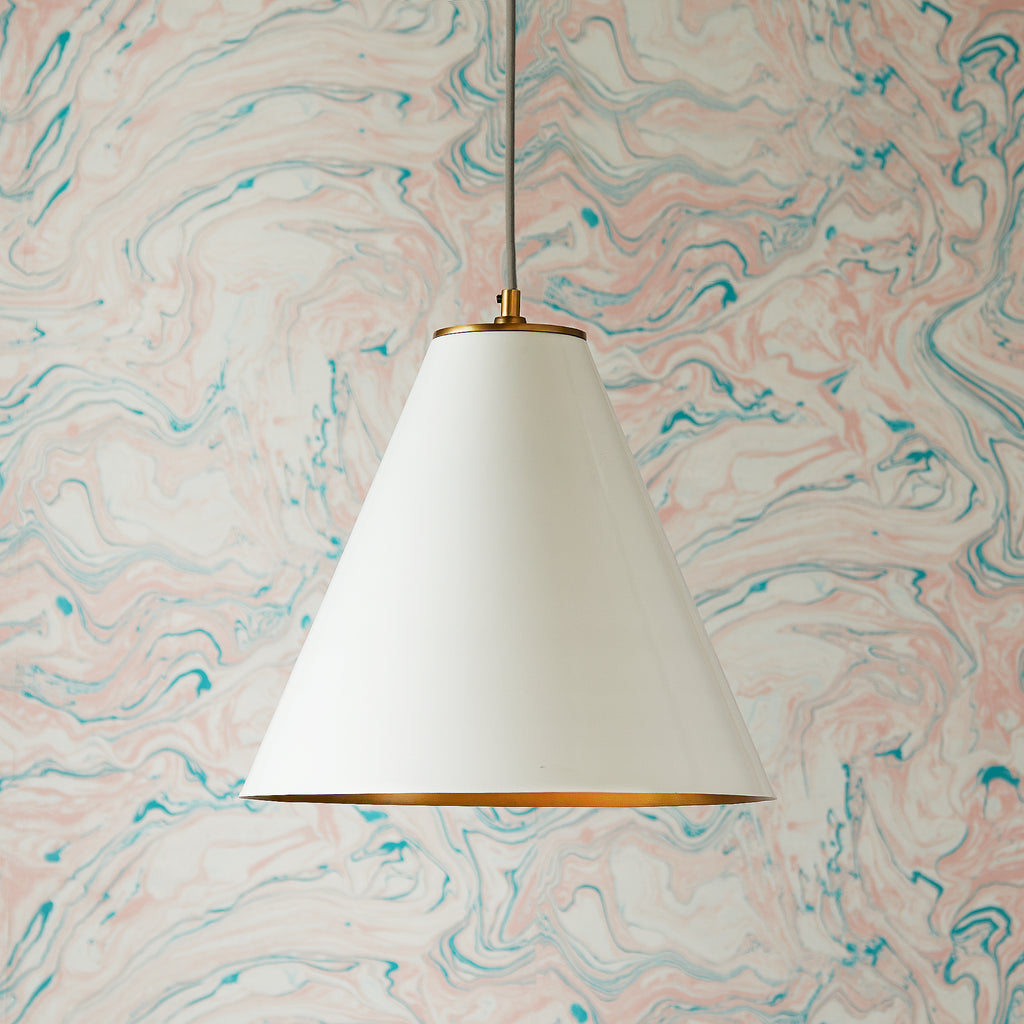 Super Stanley pendant light in white with antiqued brass interior