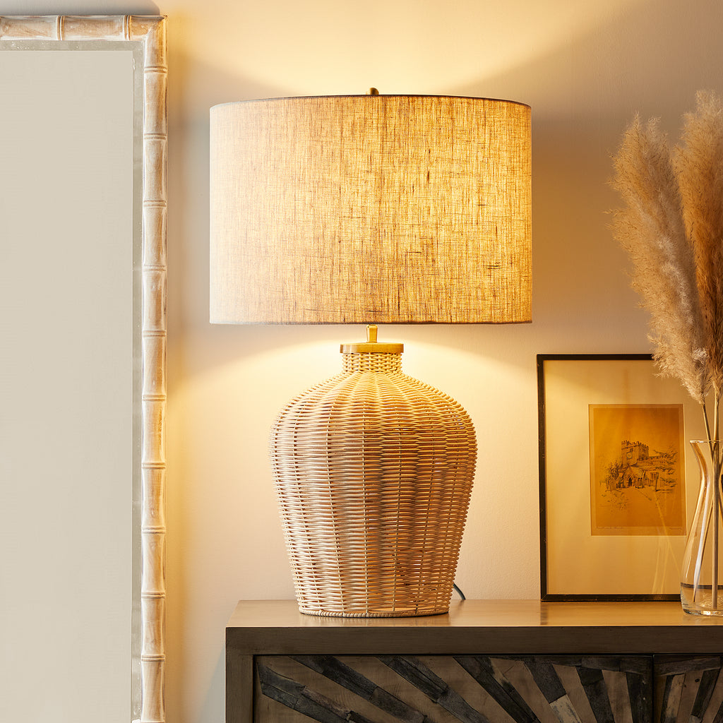 Larger Rattle table lamp in natural cane