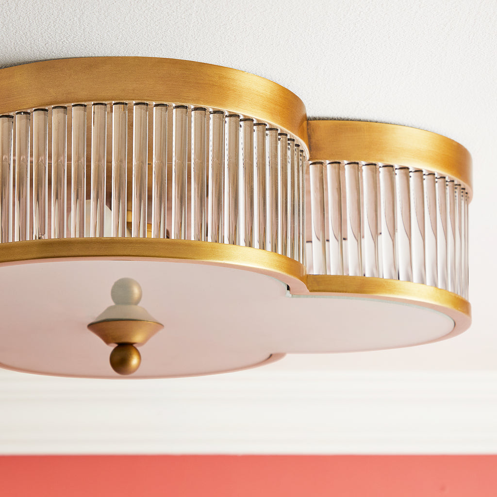 Clover flush mount ceiling light in antiqued brass with glass rods